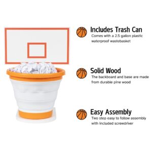 Basketball Trash Can Garbage Hoop - Includes Solid Wood Backboard and Base, and Orange Basketball Garbage Can, Makes a Great Trash Can Basketball Bin for Kids Room, Boys Bedroom, or Office