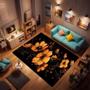 Floral Rug for Living Room, Rectangular Rug with Yellow Stylish Flowers on Black Background, Non-Slip Rug for Modern Home Living Room, Bedroom, Hallway, Office, Dining Room, entryway 24x36inch