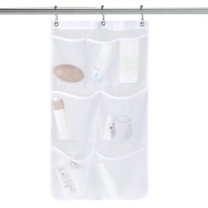 tucnoeu mesh shower caddy hanging with 3pcs adhesive hooks and 3pcs metal loop hangers, 7 pockets shower hanging organizer with quick drying mesh,for shampoo, soap, white