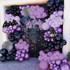 Halloween Balloon Garland Arch Kit, 154pcs Metallic Dusty Macron Purple and Black Balloon with Witch Hat Bat Striped Foil Balloons for Halloween Vampirina Nightmare Prom Horror Themed Party Decoration