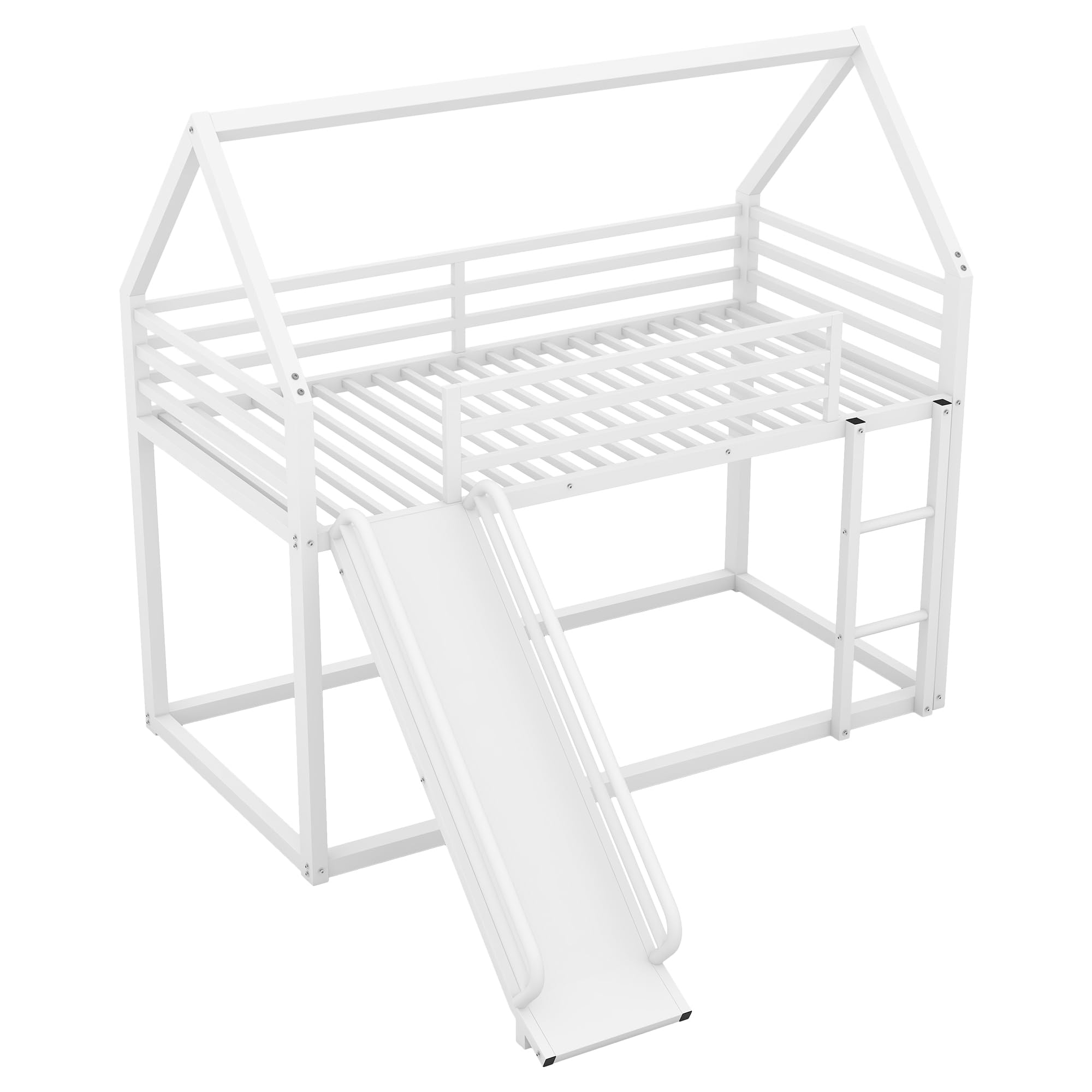 PVWIIK Twin Over Twin Metal Bunk Bed with Slide and Roof Design for Kids,Girls, Boys,House Shaped Bunk Bed Frame,No Box Spring Required,White