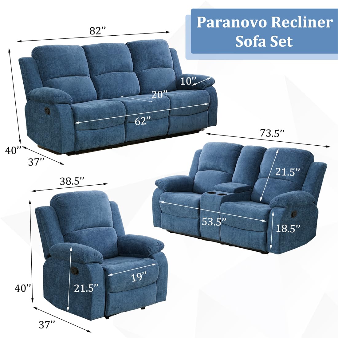 Dekmxas 3 Seater Recliner Sofa Couch Modern Manual Reclining Sofa Fabric Reclining Sofa Living Room Couch with Dual Cup Holders and Drop Down Table for Living Room/Office/Rv Car (Blue, 3 Seater Sofa)