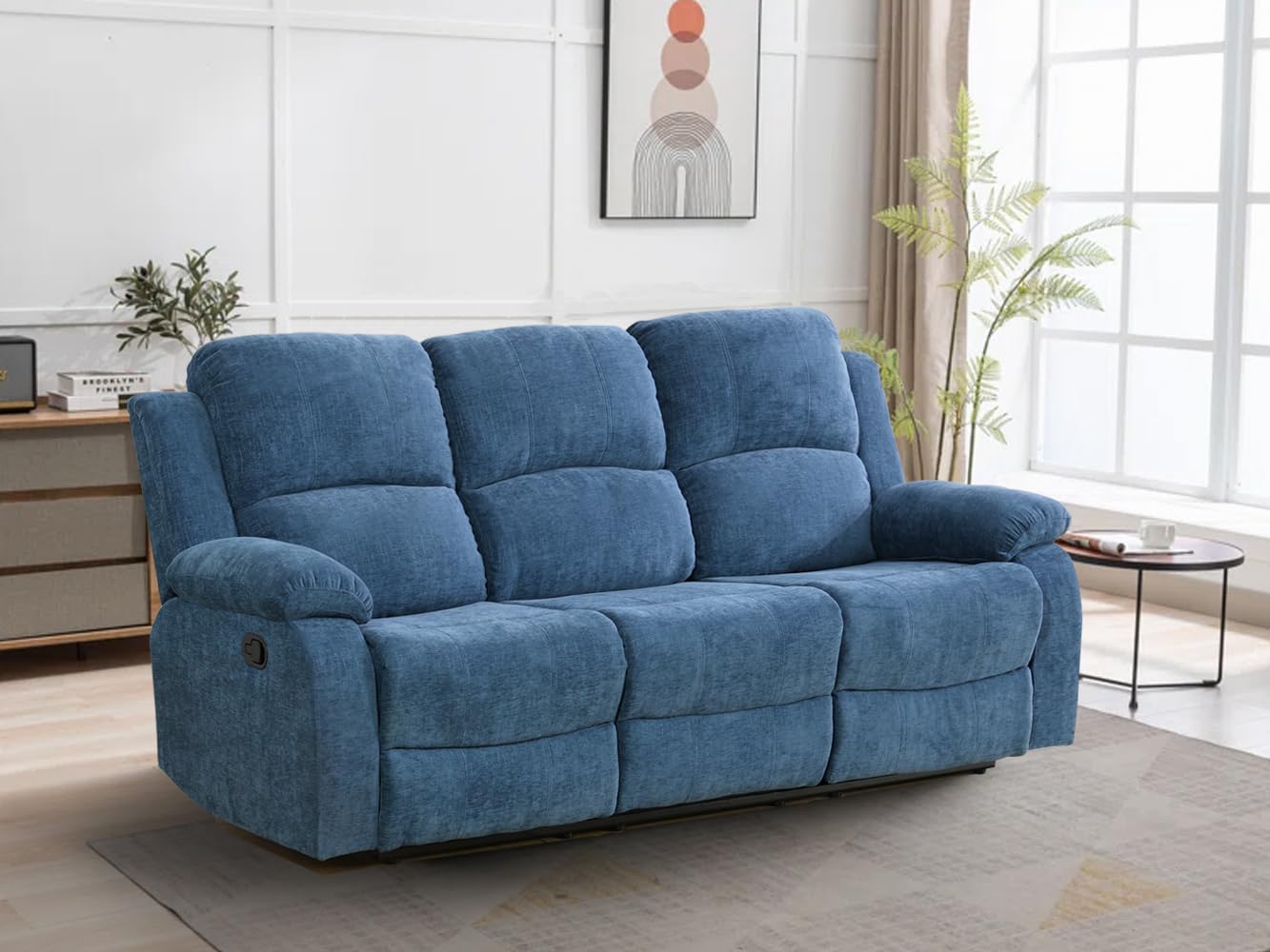 Dekmxas 3 Seater Recliner Sofa Couch Modern Manual Reclining Sofa Fabric Reclining Sofa Living Room Couch with Dual Cup Holders and Drop Down Table for Living Room/Office/Rv Car (Blue, 3 Seater Sofa)