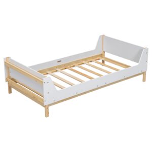 Kids Twin Size Bed Frame with Storage Bookcase, Wood Twin Bed Frames for Kids, Twin Bed Frame with Headboard and Footboard for Boys Girls, No Box Spring Needed,White