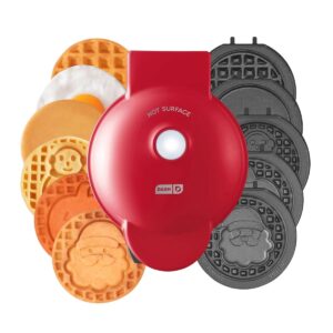 dash multimaker with 7 removable plates: waffle iron & griddle + 3 themed plates - santa pumpkin snowman - mini waffle for halloween and christmas holidays - for kids and families (red)