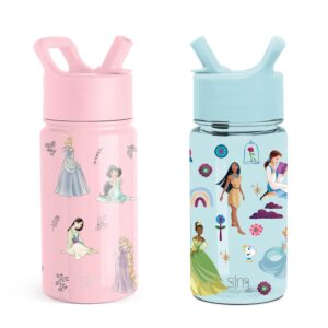 simple modern disney princesses kids water bottle 2-pack with straw lid | reusable insulated stainless steel & plastic cups for girls and boys, school | summit collection | disney princess mix