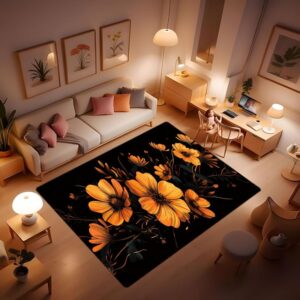 floral rug for living room, rectangular rug with yellow stylish flowers on black background, non-slip rug for modern home living room, bedroom, hallway, office, dining room, entryway 24x36inch