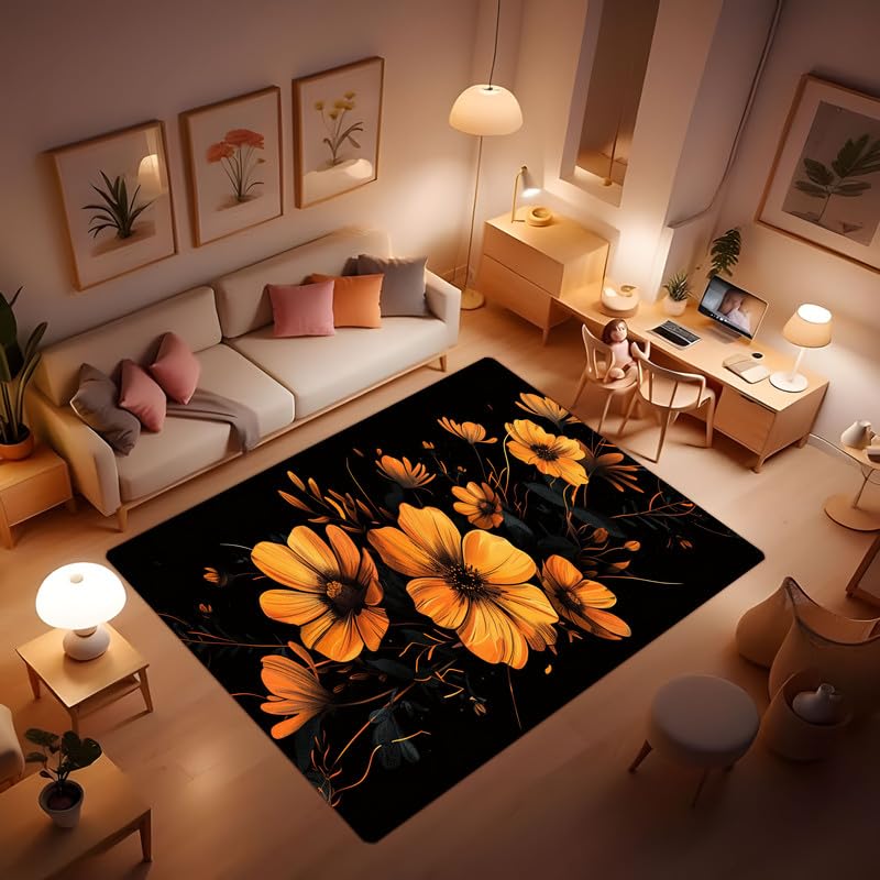 Floral Rug for Living Room, Rectangular Rug with Yellow Stylish Flowers on Black Background, Non-Slip Rug for Modern Home Living Room, Bedroom, Hallway, Office, Dining Room, entryway 24x36inch