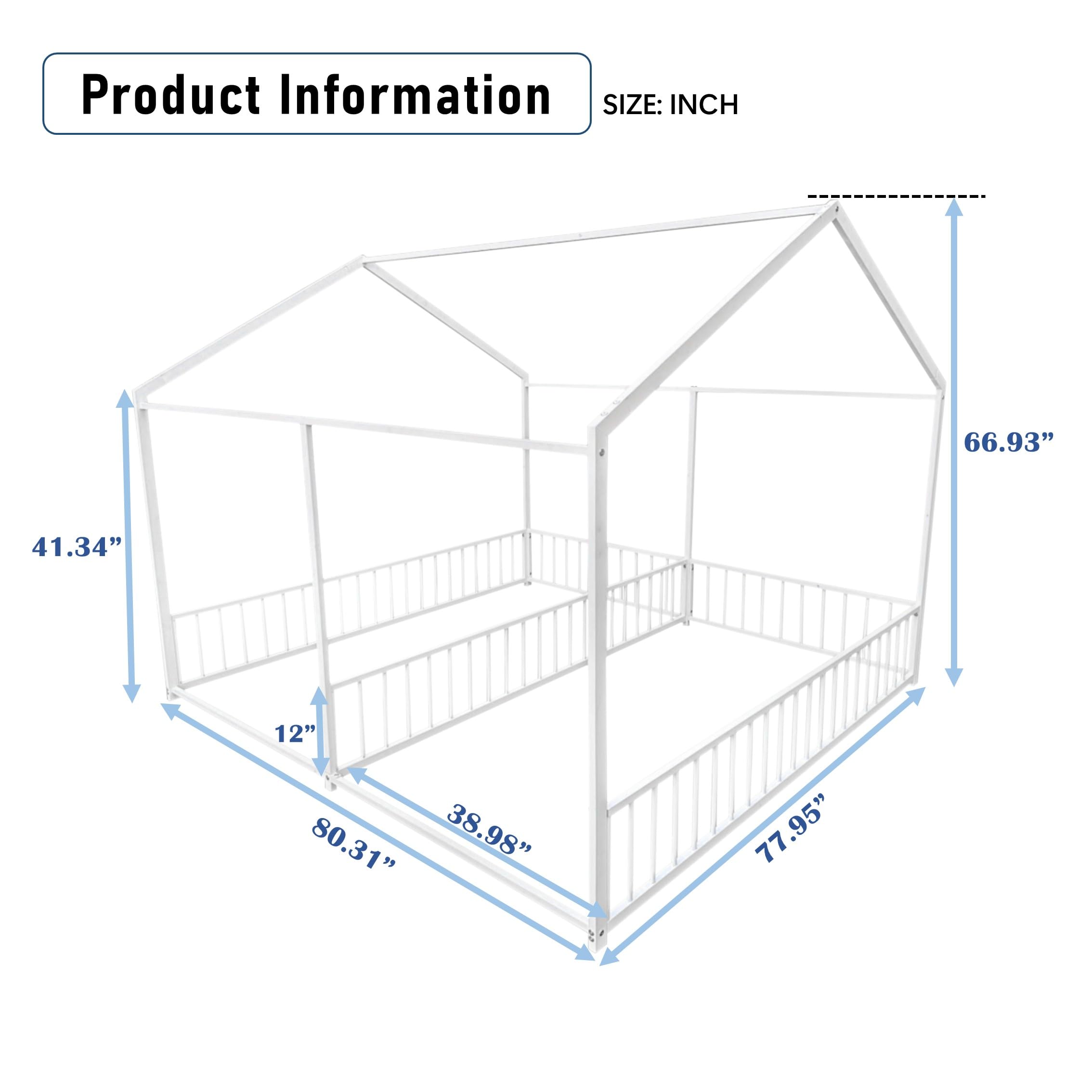 PVWIIK Double Montessori Floor Bed with Fence & Roof for Two Kids Teens Boys Girls,Twin Floor Bed,Easy Assemble,No Box Spring Needed, White