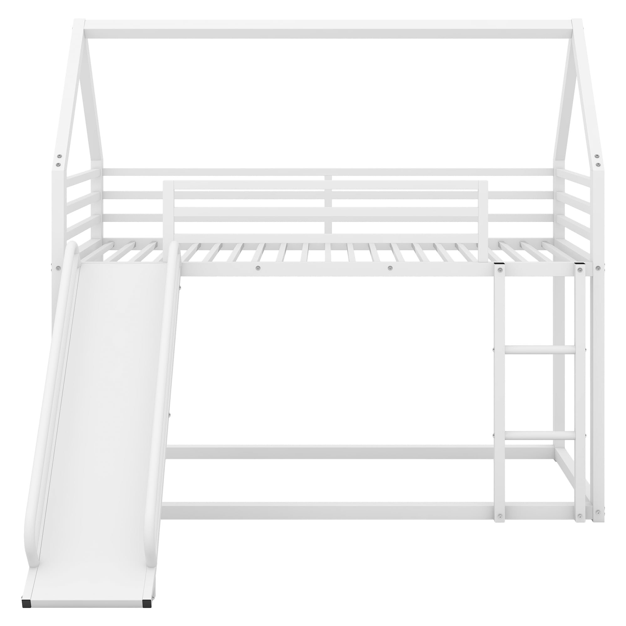 PVWIIK Twin Over Twin Metal Bunk Bed with Slide and Roof Design for Kids,Girls, Boys,House Shaped Bunk Bed Frame,No Box Spring Required,White