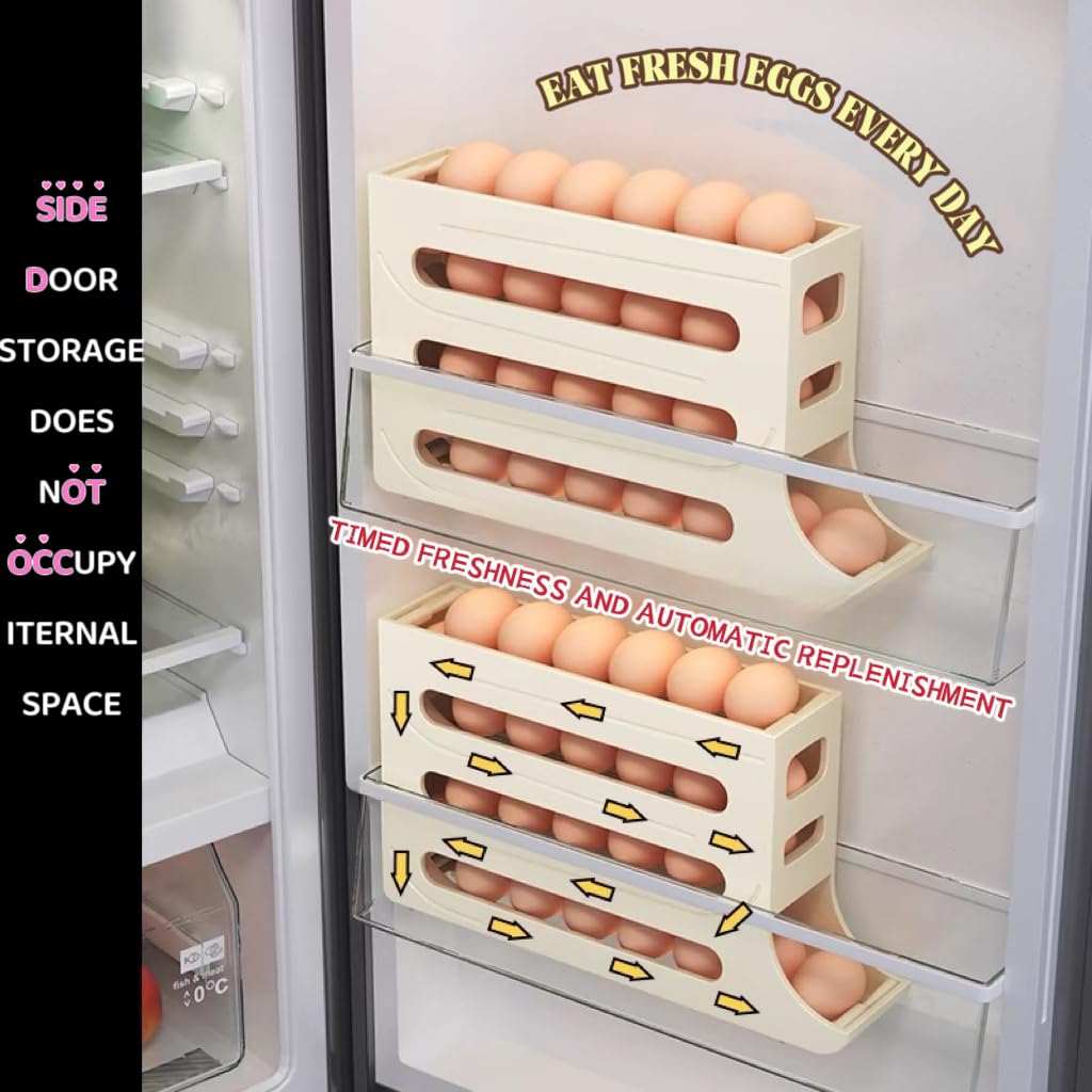 4 Tiers Egg Holder for Fridge, Automatic Scrolling Egg Rack Holder, Eggs Dispenser Auto Rolling, Large Capacity Eggs Organizer Storage 30 Egg for Fridge, Kitchen. (transparent)