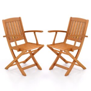 tangkula patio wood folding chair set of 2, outdoor eucalyptus wood dining chairs w/armrests & slatted seat, for backyard, porch, poolside, lawn, garden, load up to 400 lbs (1, natural)