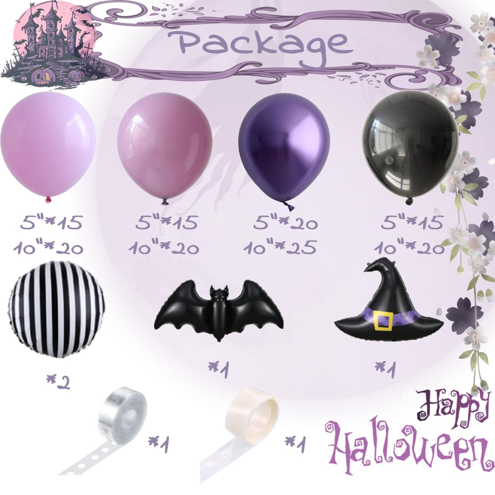 Halloween Balloon Garland Arch Kit, 154pcs Metallic Dusty Macron Purple and Black Balloon with Witch Hat Bat Striped Foil Balloons for Halloween Vampirina Nightmare Prom Horror Themed Party Decoration