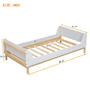 Kids Twin Size Bed Frame with Storage Bookcase, Wood Twin Bed Frames for Kids, Twin Bed Frame with Headboard and Footboard for Boys Girls, No Box Spring Needed,White