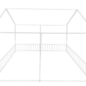 PVWIIK Double Montessori Floor Bed with Fence & Roof for Two Kids Teens Boys Girls,Twin Floor Bed,Easy Assemble,No Box Spring Needed, White