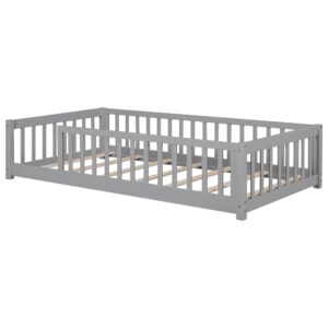 Twin Size Montessori Floor Bed for Kids,Twin Floor Bed Frame with Slats,Solid Wood Twin Bed Frame for Girls Boys,Grey