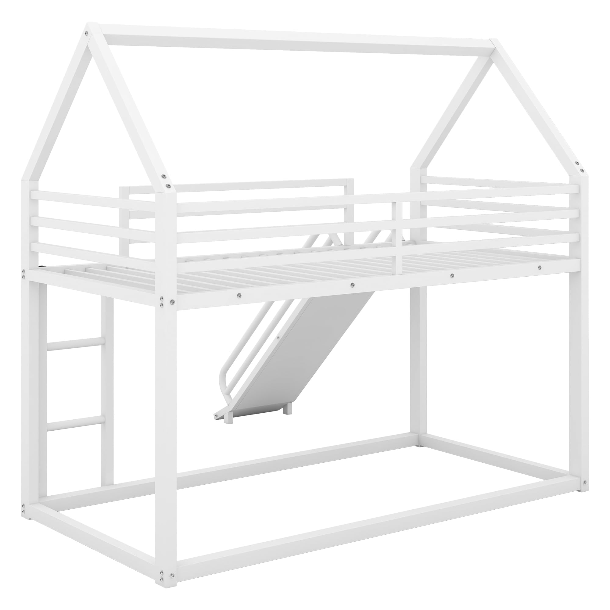 PVWIIK Twin Over Twin Metal Bunk Bed with Slide and Roof Design for Kids,Girls, Boys,House Shaped Bunk Bed Frame,No Box Spring Required,White