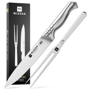 wizeka turkey carving knife set 2-piece, 8-inch carving knife and fork set, ultra-sharp german stainless steel kitchen knife for meat, bbq, carving set with gift box for thanksgiving, jaguar series