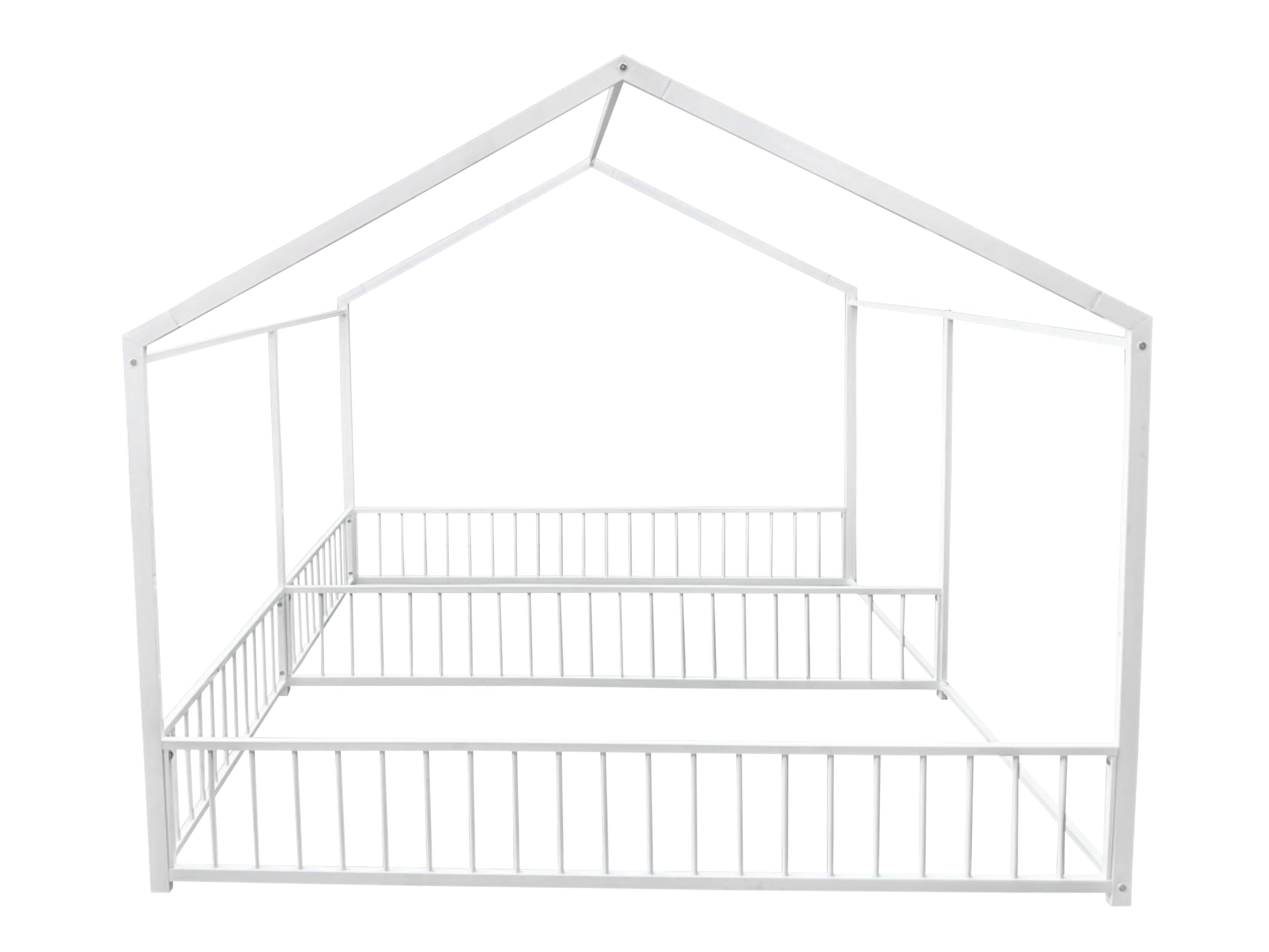 PVWIIK Double Montessori Floor Bed with Fence & Roof for Two Kids Teens Boys Girls,Twin Floor Bed,Easy Assemble,No Box Spring Needed, White