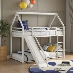 pvwiik twin over twin metal bunk bed with slide and roof design for kids,girls, boys,house shaped bunk bed frame,no box spring required,white