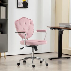 HOMCOM Cute Home Office Chair, Computer Desk Chair with Button Tufted Velvet-Feel Fabric, Swivel Vanity Chair, Pink