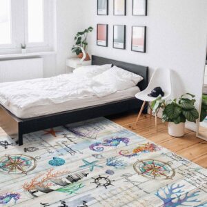 Nautical Wood Grain Area Rug for Living Room 2x3 Modern Rug Washable Abstract Area Rug Large Non Skid Ocean Coral Seahorse Starfish Blue Floor Carpet Mat Soft Indoor Rug for Bedroom Nursery Office