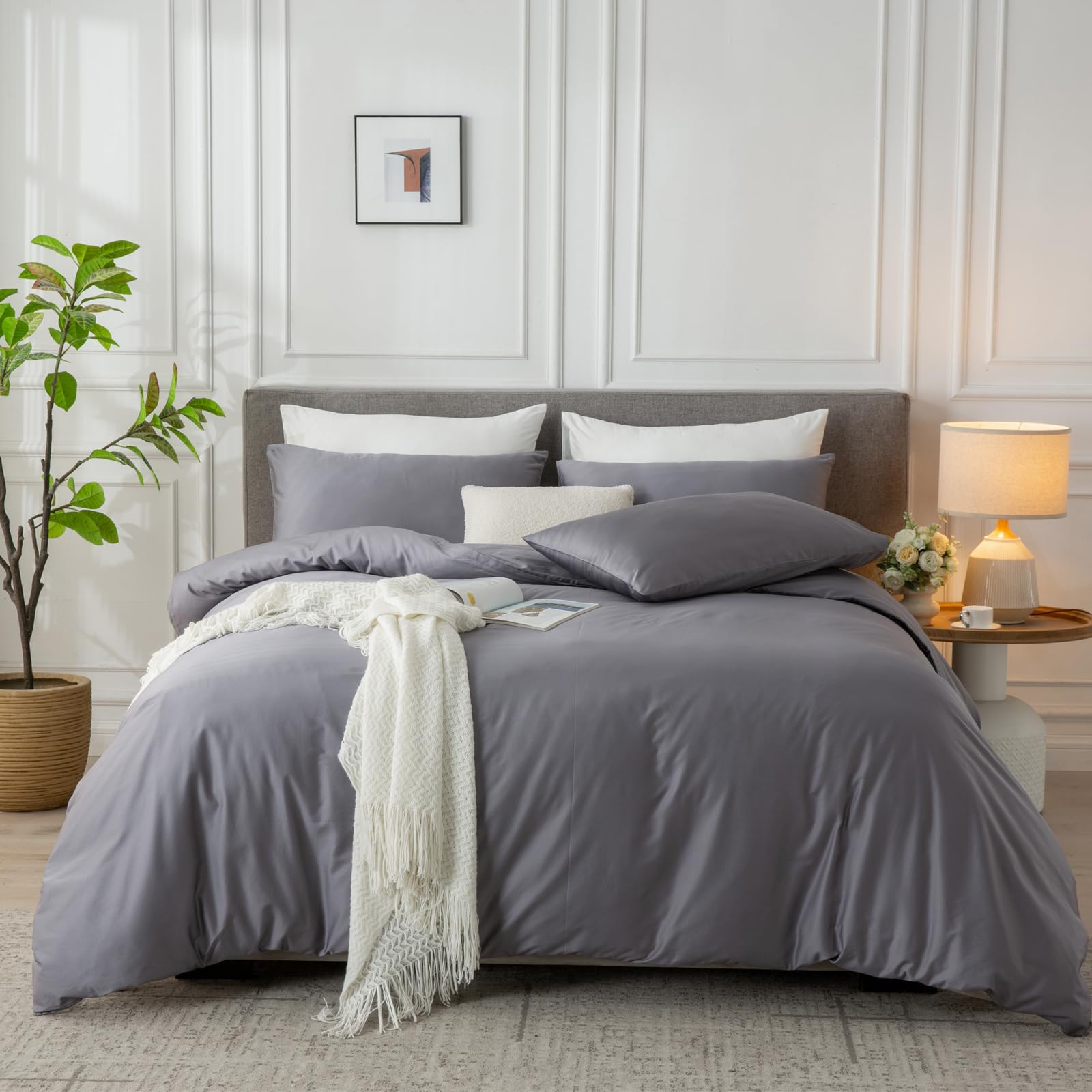 Duvet Cover Queen Size 100% Cotton Satin - Comforter Cover Set with Zipper Closure, Smooth, Breathable, Soft Sateen Weave, Hotel Comfort, 3 Pcs - 90"x90" (1 Duvet Cover & 2 Pillow Shams) Storm Gray