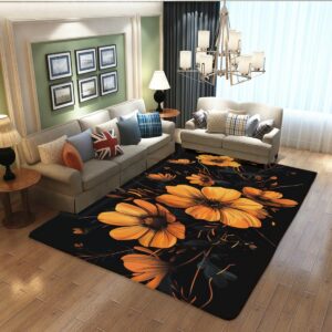 Floral Rug for Living Room, Rectangular Rug with Yellow Stylish Flowers on Black Background, Non-Slip Rug for Modern Home Living Room, Bedroom, Hallway, Office, Dining Room, entryway 24x36inch