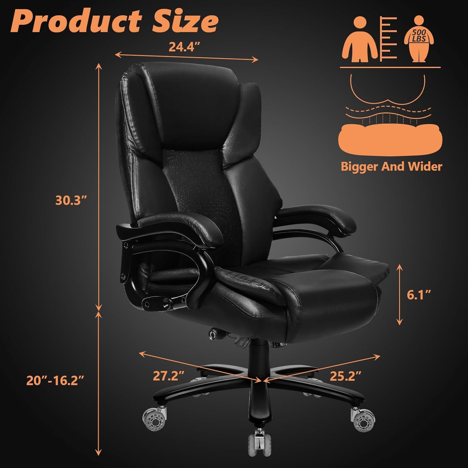 500lbs Heavy Duty Office Chair with Dual Rubber Wheels, Big and Tall Office Chair for Heavy People, Extra Wide Executive Chair with Ergonomic Lumbar Support (Dual Wheels Black)