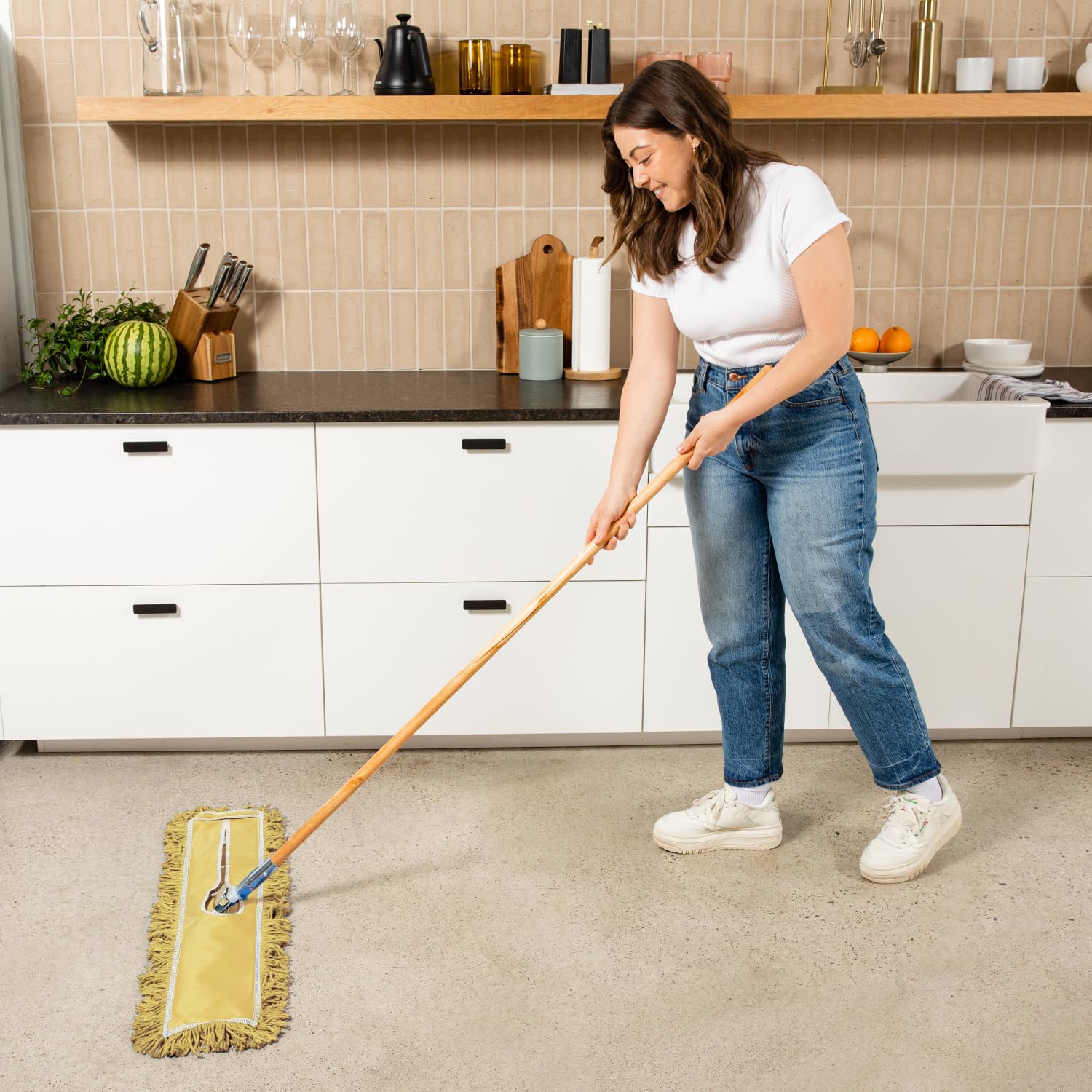 24 Inch Yellow Dust Mop with Wood Handle and 24 Inch Dust Mop Refill Bundle - 2 Mop Sets and 4 Refills