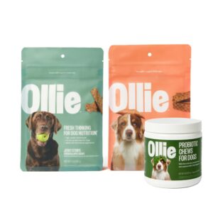 ollie belly rubs dog probiotic chews - probiotics for dogs and ollie jerky treats variety pack - chicken and apple recipe and beef and sweet potato recipe - dog jerky treats