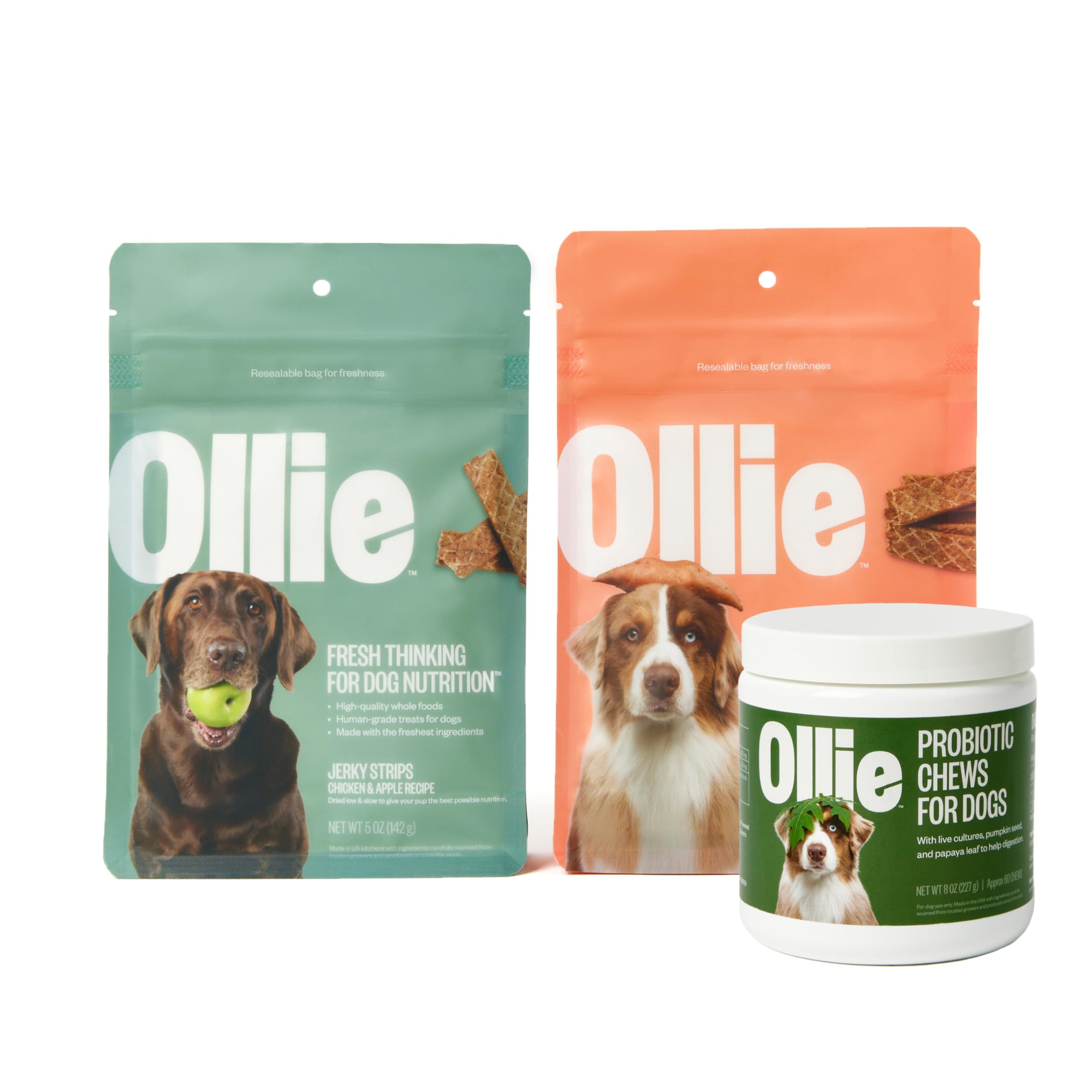 Ollie Belly Rubs Dog Probiotic Chews - Probiotics for Dogs and Ollie Jerky Treats Variety Pack - Chicken and Apple Recipe and Beef and Sweet Potato Recipe - Dog Jerky Treats