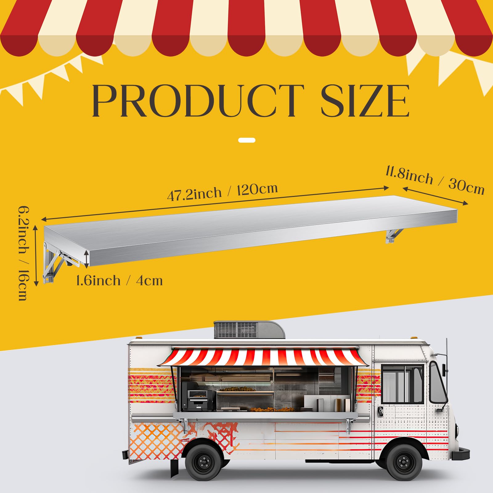 Vercraft 1 Pack Stainless Steel Shelf Folding Concession Wall Mounted Shelves Commercial Serving Stand Shelves for Food Truck Trailer Windows Restaurant Kitchen Home Utility Room Garage (12"x47")