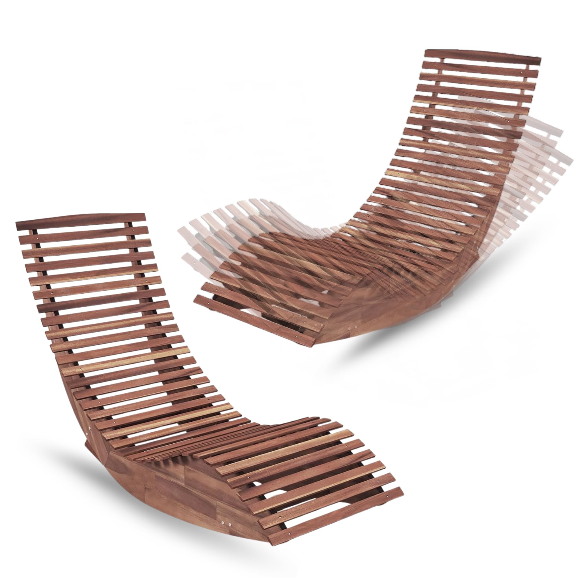 Nightcore Rocking Outdoor Lounger Chair with Slatted Design, Acacia Wood Outdoor Lounger with High Back, Outdoor Wooden Sun Lounger for Backyard, Sunbathing, Garden (2)