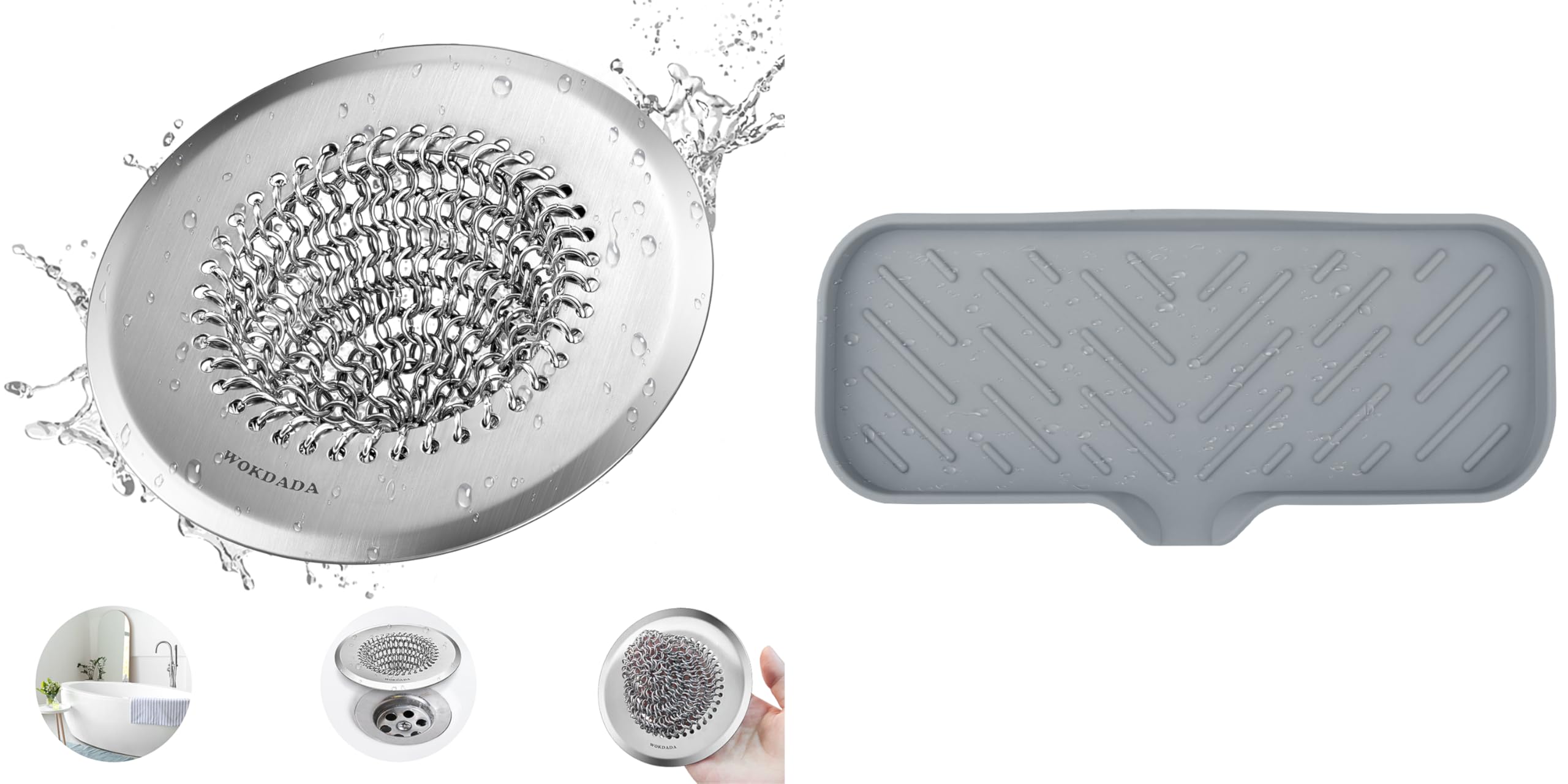 1 PCS Bathtub Drain Hair Catcher, Wokdada Fast Drainage Shower Drain Hair Catcher & 1 PCS Silicone Sink Tray, Kitchen Tray, Sink Tray for Kitchen Counter/Soap Bottles, Sponge Holder