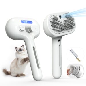 pet grooming brush with electronic mist spray - gentle deshedding tool for cats & dogs, reduces shedding, easy to use, soft bristles, promotes healthy coat-comes with a hair smoothing comb-white