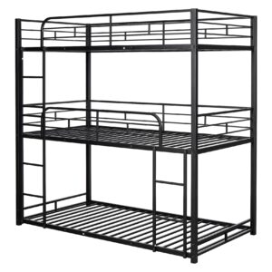 PVWIIK Heavy Duty Triple Bunk Bed for Kids,Twin Over Twin Over Twin Metal Bunkbeds with Ladder for Dorm,Bedroom,Guest Room,No Box Spring Needed, Easy Assembly,Black