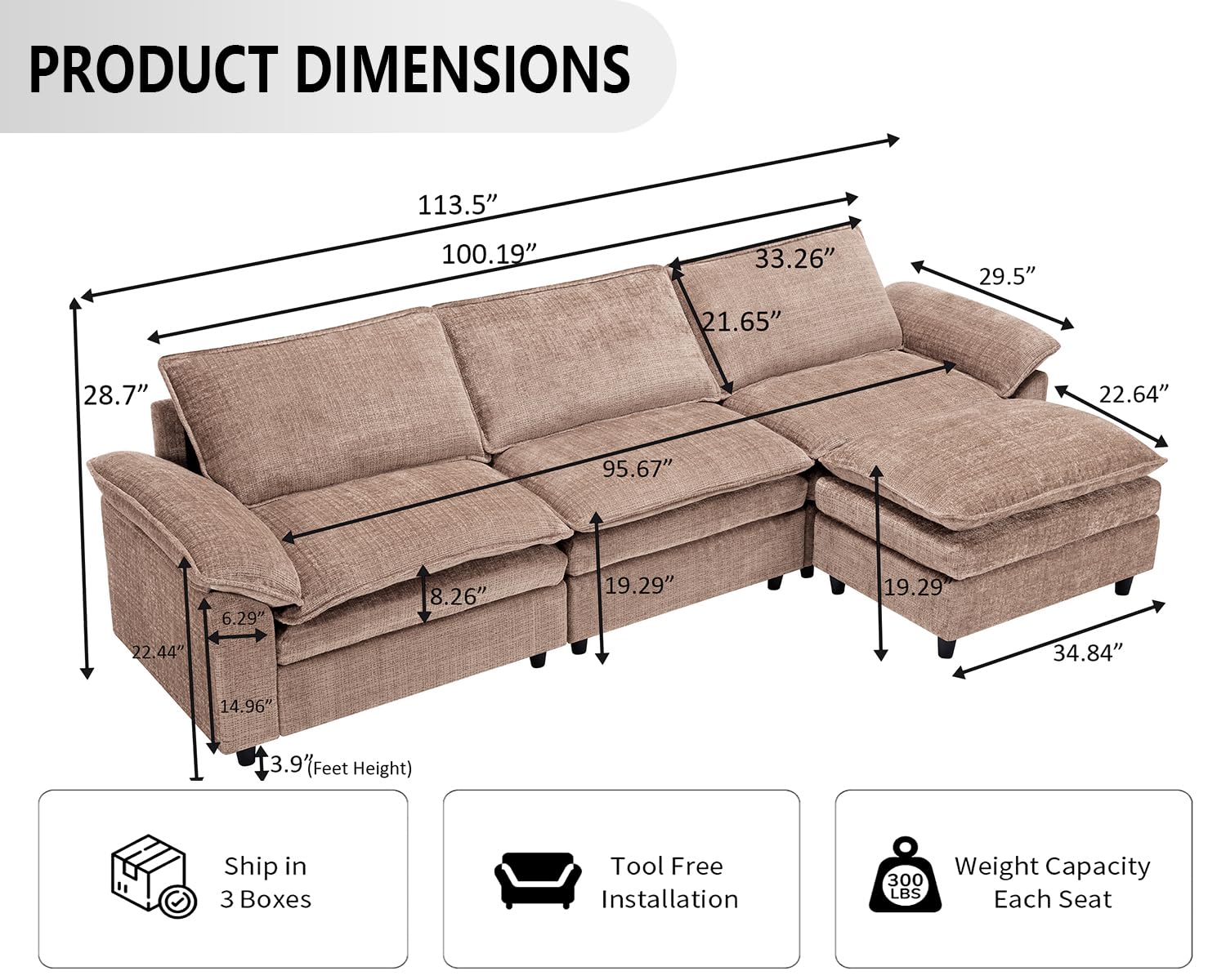 Suheww Sectional Couches for Living Room, L Shaped Sofas Modern Deep Seat Cloud Sofa Sectional, Oversized Cloud Couch Modular Sectional Sofa Couches for Living Room