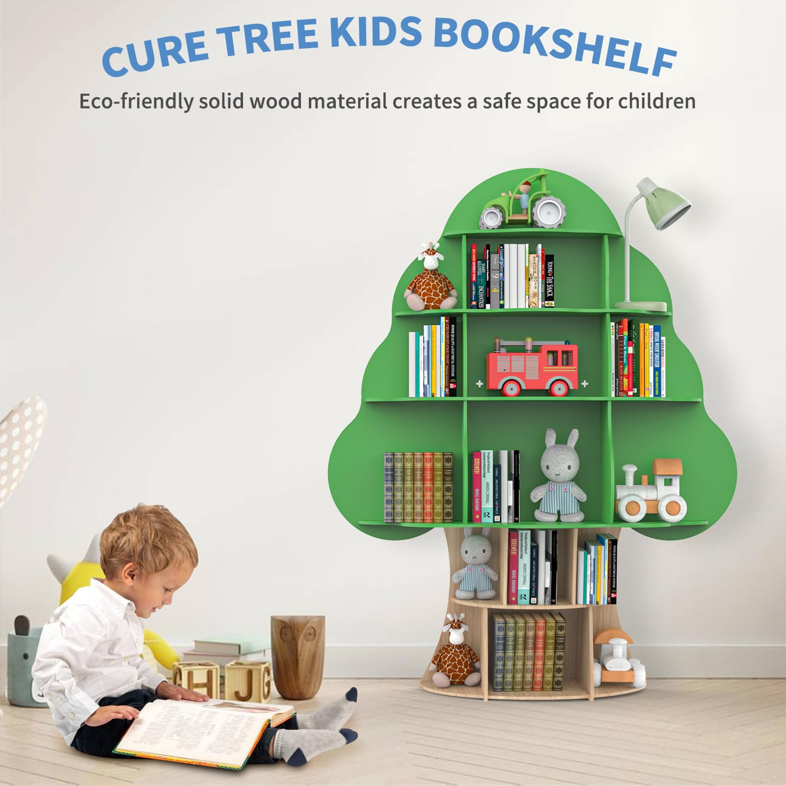 Tree Kids Bookshelf, Toddler Wood Bookcase, 16-Cubby Children Toy Storage Organizer Book Shelf for Kids Rooms, Nursery, Bedroom, Living Room, Classroom, Boy Girl’s Gift (Green Tree)