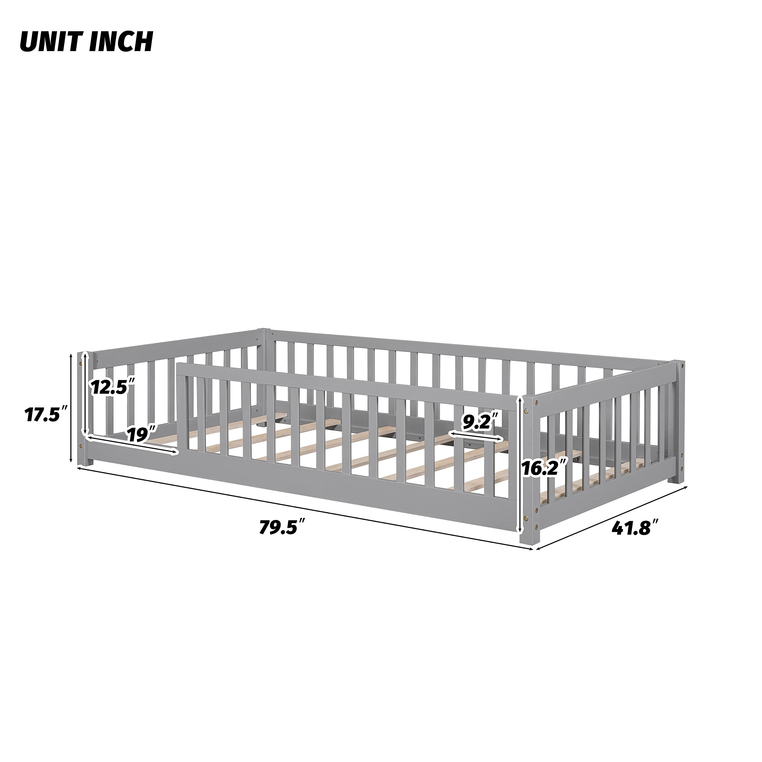 Twin Size Montessori Floor Bed for Kids,Twin Floor Bed Frame with Slats,Solid Wood Twin Bed Frame for Girls Boys,Grey