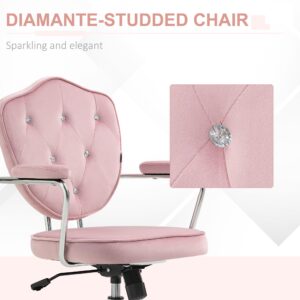 HOMCOM Cute Home Office Chair, Computer Desk Chair with Button Tufted Velvet-Feel Fabric, Swivel Vanity Chair, Pink