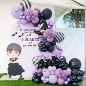 Halloween Balloon Garland Arch Kit, 154pcs Metallic Dusty Macron Purple and Black Balloon with Witch Hat Bat Striped Foil Balloons for Halloween Vampirina Nightmare Prom Horror Themed Party Decoration