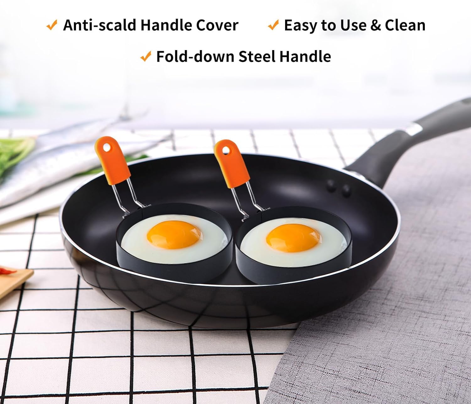 Large Egg Ring 3.5 Inches 4 PCS - Egg Rings for Frying with Oil Brush, Fried Egg Mold Egg Mcmuffins Makers Omelet Pancake Cookie Makers