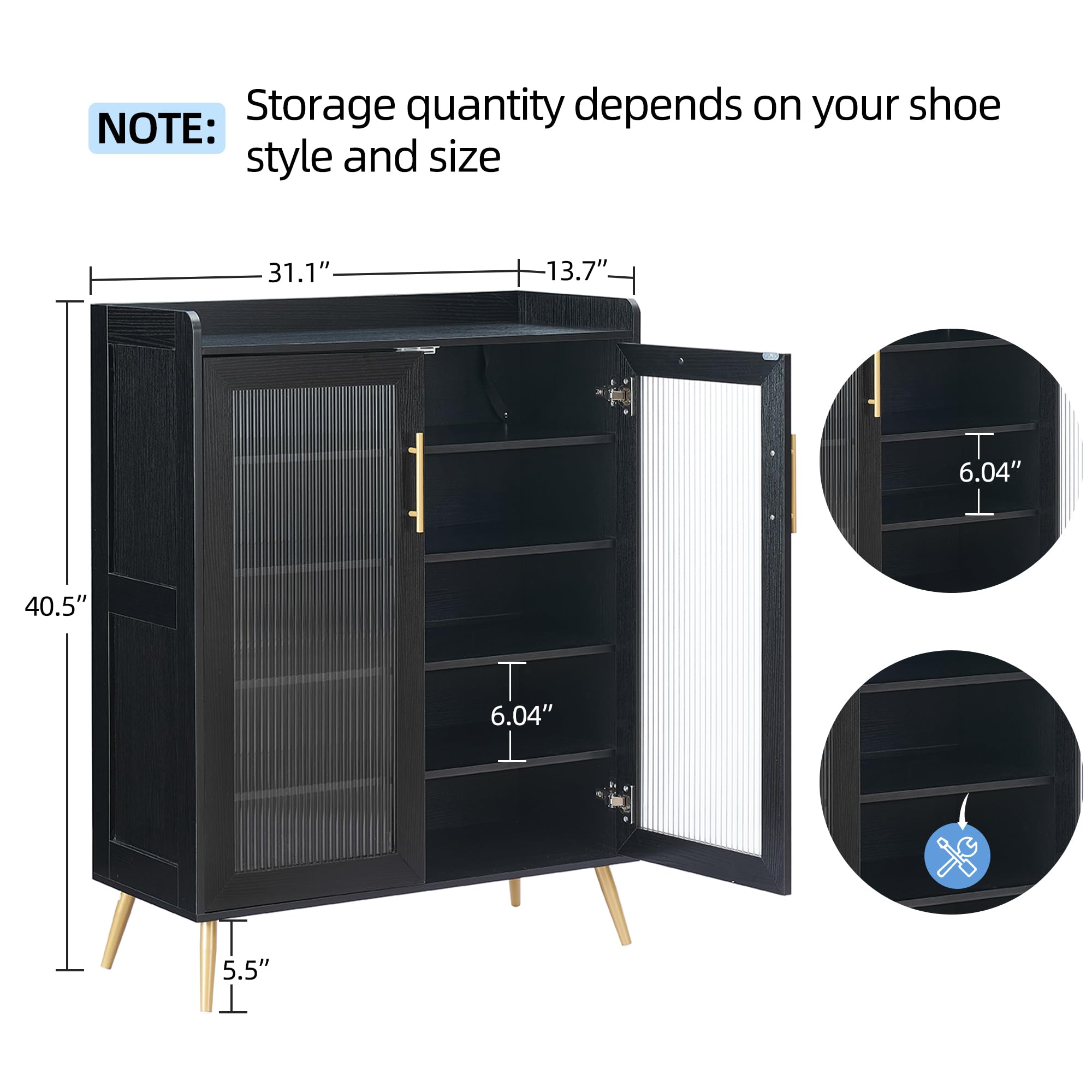 IDEALHOUSE Shoe Cabinet with Glass Doors, 5-Tier Entryway Shoe Organizer Storage Rack with Large Capacity and Adjustable Shelves for Hallway, Living Room, Black