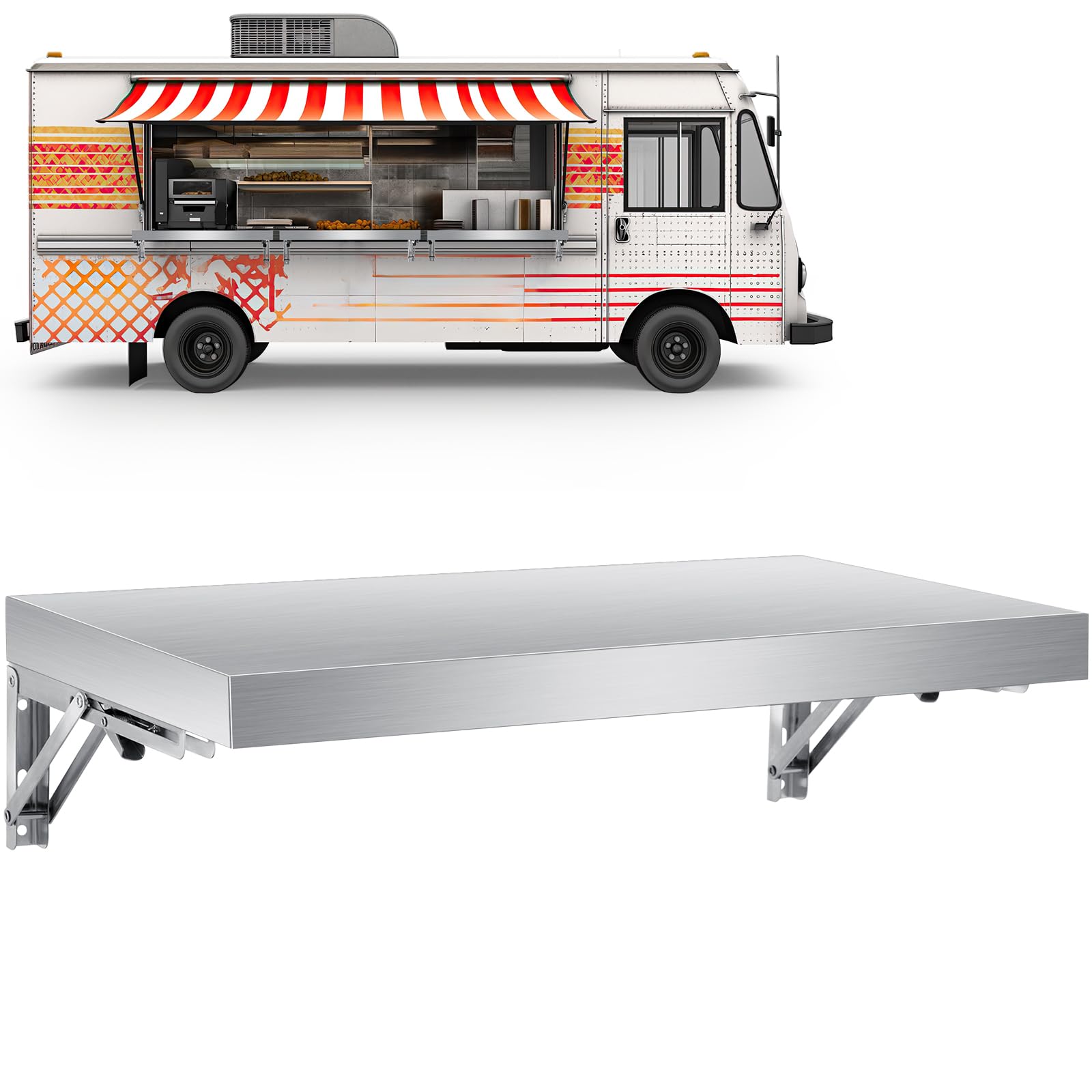 Vercraft 1 Pack Stainless Steel Shelf Folding Concession Wall Mounted Shelves Commercial Serving Stand Shelves for Food Truck Trailer Windows Restaurant Kitchen Home Utility Room Garage (12"x47")