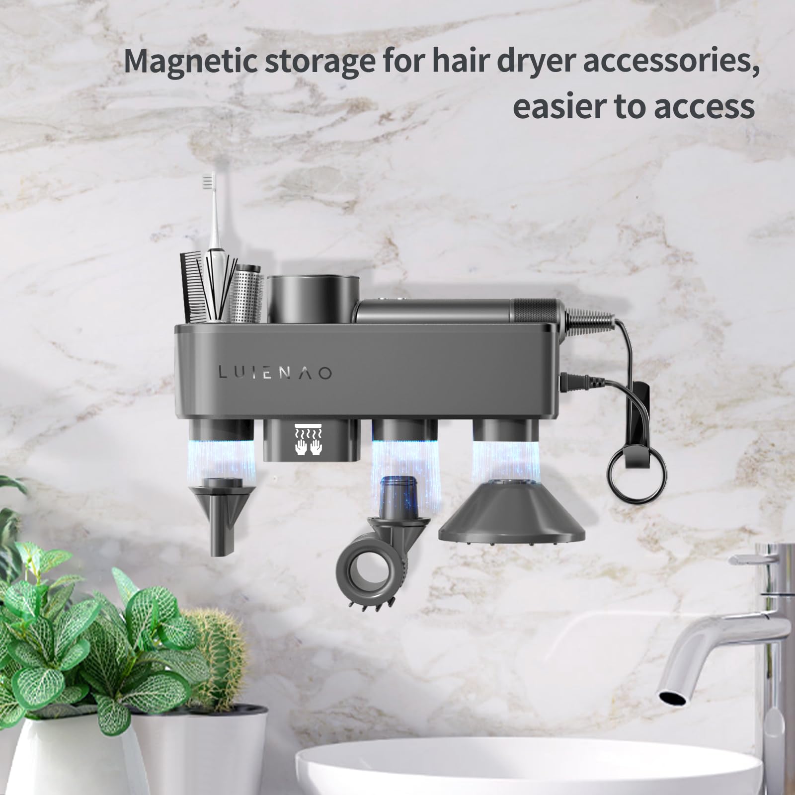 Hair Dryer Holder, Blow Dryer Stand Wall Mount Compatible for Dyson Supersonic and Cosy Companions, Automalic Hand Drying, Magnetic Nozzle Storage, No Drilling Required, Hair Dryer Accessory Organizer