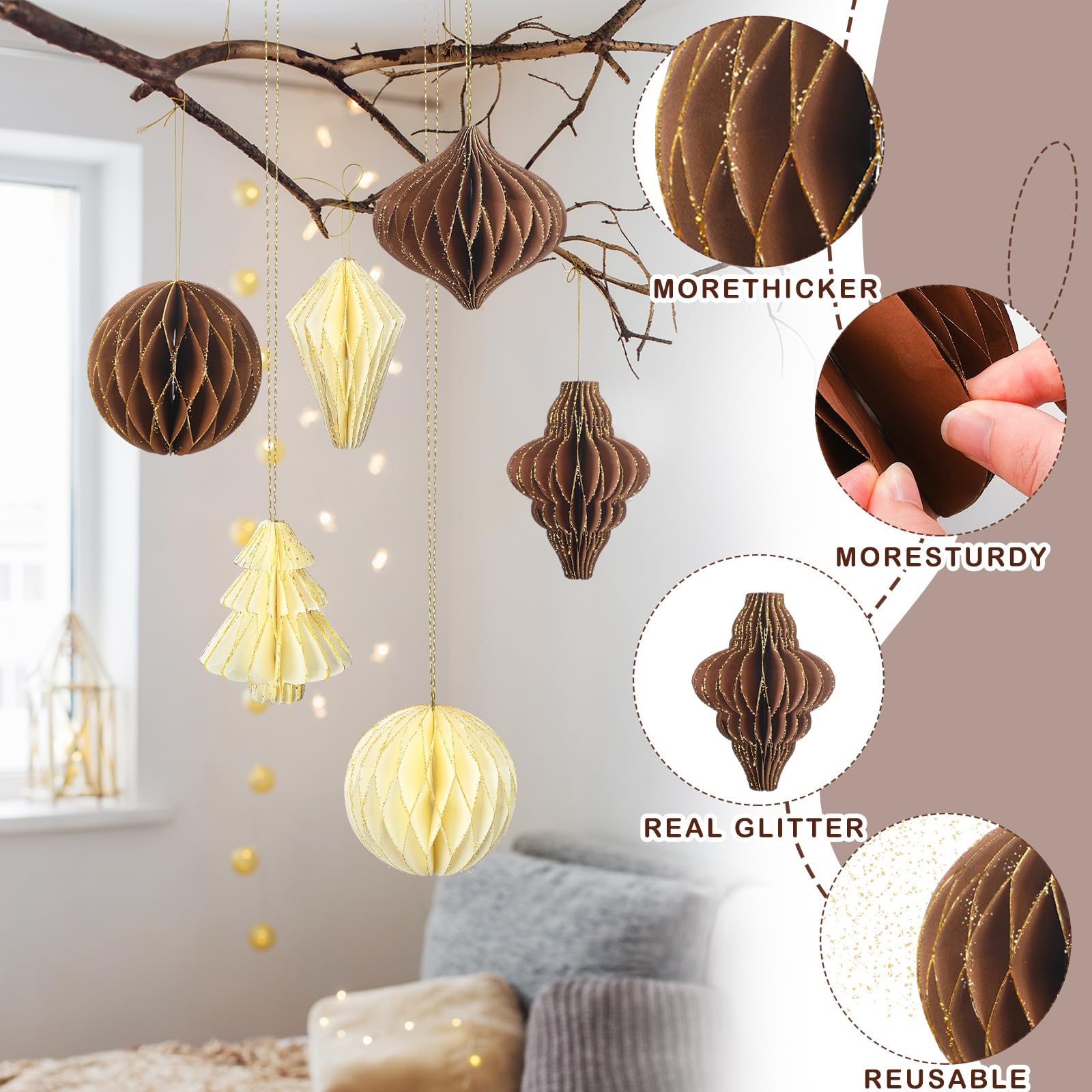 Hungdao 12 Pcs Christmas Paper Honeycomb Balls Hanging Ornament Khaki Pom Poms Decorative 3D Mini Glitter Edge Paper Honeycomb Ornament for Christmas Tree Xmas Home Decor(Brown)