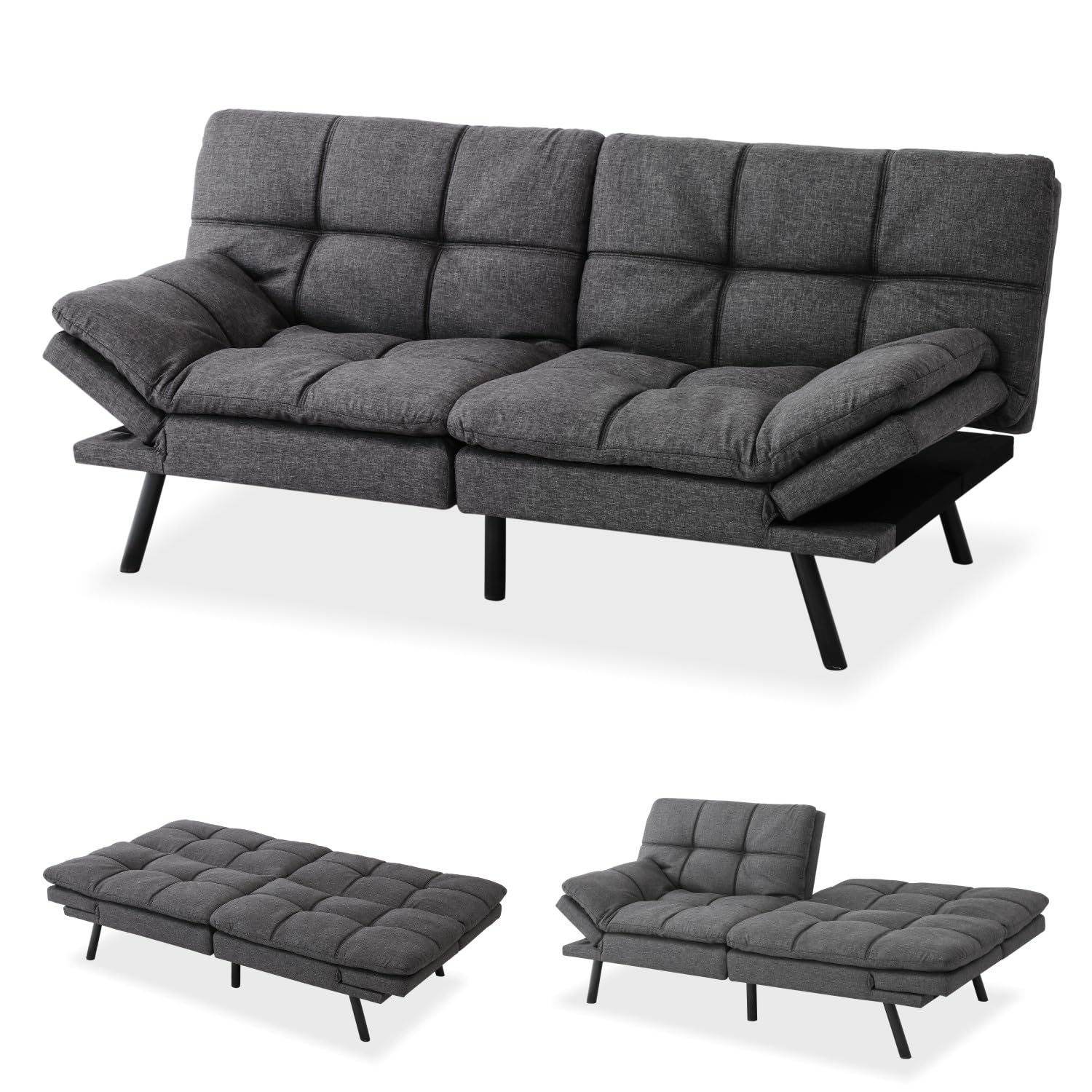 MUUEGM Futon Couch Futon Sofa Bed Small Sofa Loveseat Sleeper Sofa Leather Daybed, 71" Sofabed, 2 Seater Memory Foam Sofa for Small Space, Dark Grey