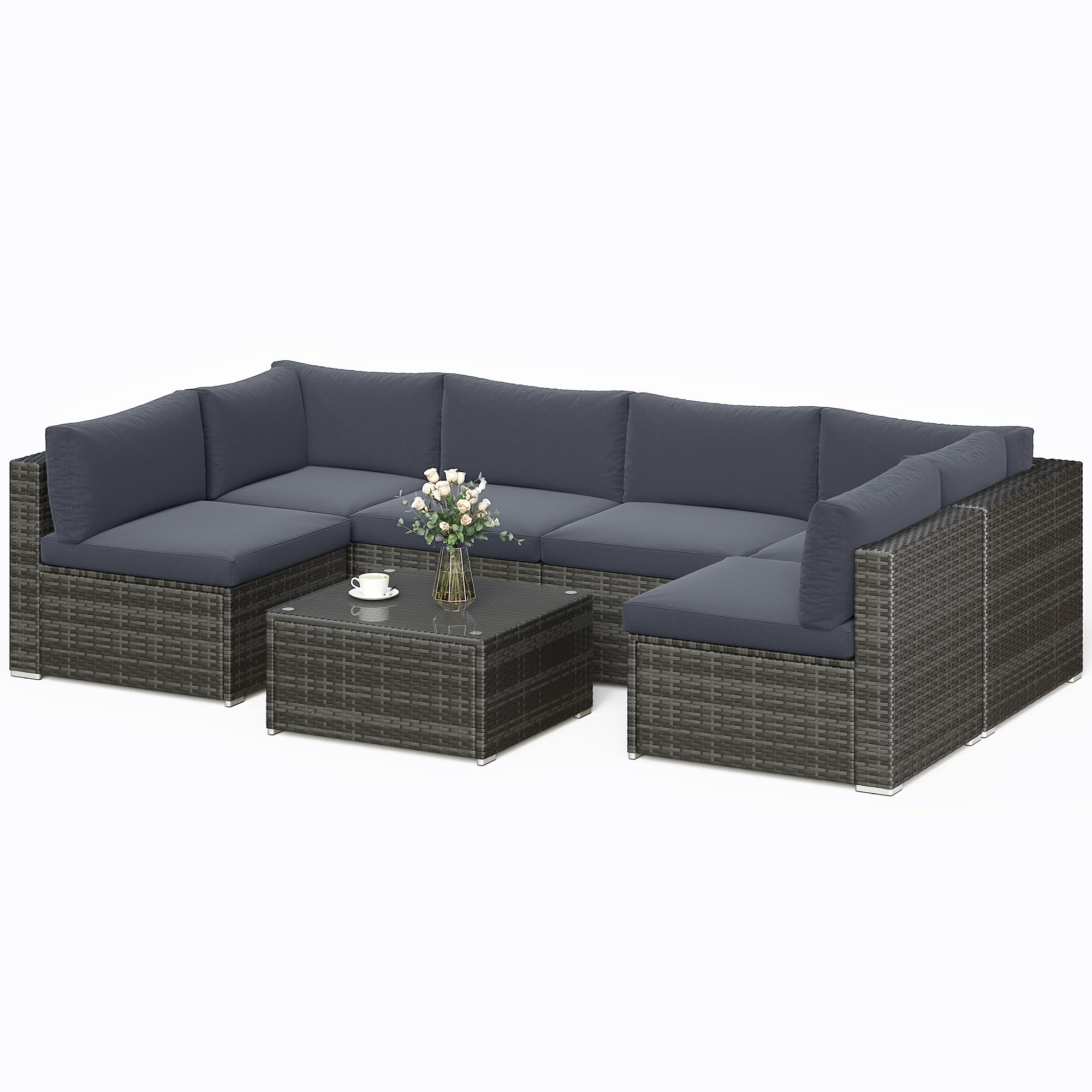 SUNVIVI OUTDOOR 8-Piece Modular Outdoor Patio Furniture Set, Wicker Outdoor Sectional Sofa with 45" Fire Pit Table, All-Weather Rattan with Cushions and Coffee Table for Porch Garden Backyard, Grey