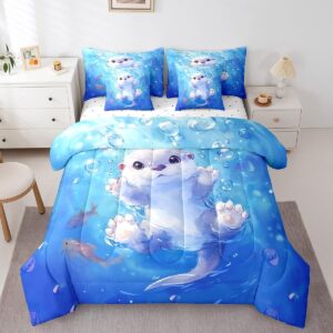 sea otters 7pcs comforter set twin size,cute otter bedding set,kawaii underwater animals fitted flat sheet for kids girls boys teens room decor,watercolor blue ocean 2 pillow cover,2 pillowcases